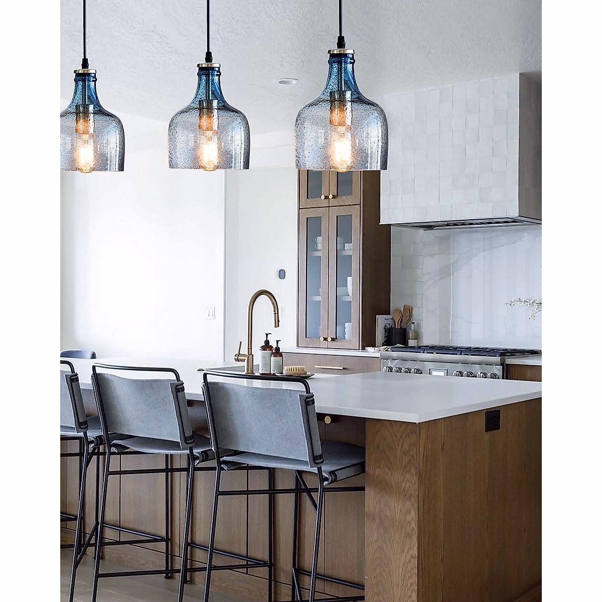 CASAMOTION Pendant Lights Kitchen Island Table Hand Blown Blue Glass Pendant Lighting Dining Room Black Marble Seeded Modern Ceiling Hanging Fixtures Brushed Nickel 8.2 Inch Height 3 Pack