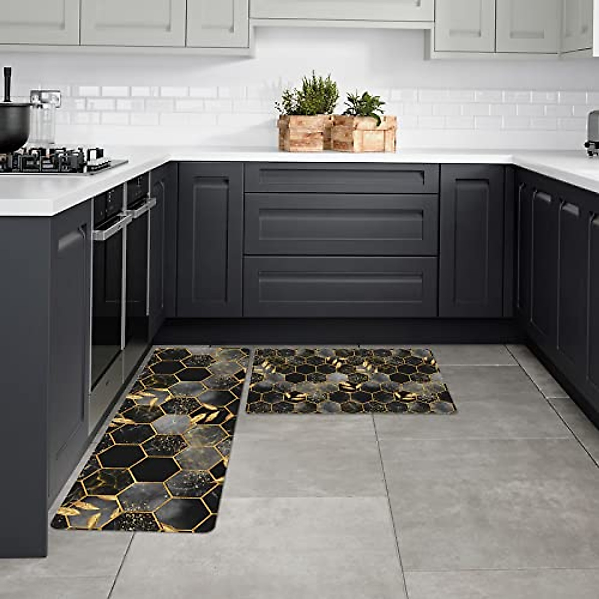 Marble 2 PCS Cushioned Antifatigue Kitchen Mats and Rugs,Black Gold Grey Grid Irregular Comb Plaid Geometric Floor Bath Door Mat Doormat Accent Runner Carpet Washable Comfort Standing Mat 18,48