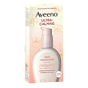 Aveeno Ultra-Calming Daily Facial Moisturizer for Sensitive, Dry Skin with Broad Spectrum SPF 15 Sunscreen, Feverfew & Nourishing Oat, Oil-Free and Hypoallergenic, Basic, Unscented, 4 Fl Oz