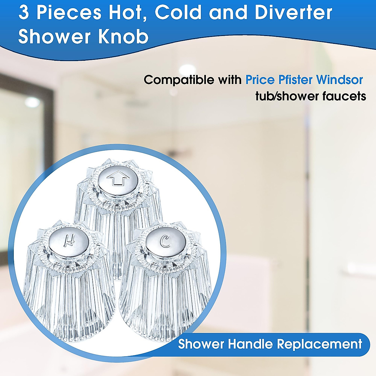 Enhon Shower Faucet Handle Replacement, Compatible with Price Pfister Windsor Tub and Shower Faucets, 3 Pieces Hot Cold and Diverter Shower Knob Replacement, Clear Acrylic