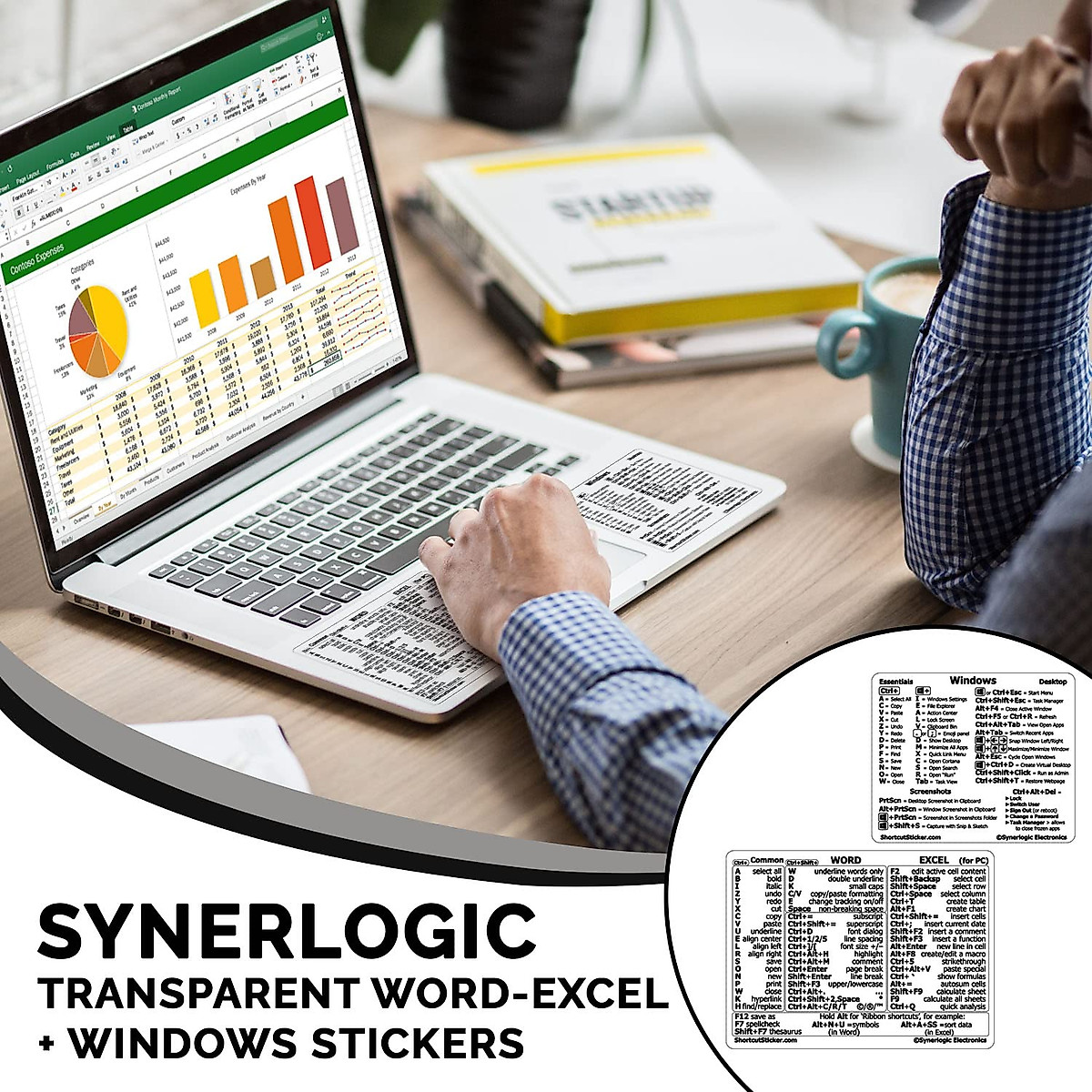 SYNERLOGIC Windows + Word/Excel (for Windows) Quick Reference Guide Keyboard Shortcut Stickers, No-Residue Vinyl (Clear/Large/Combo)