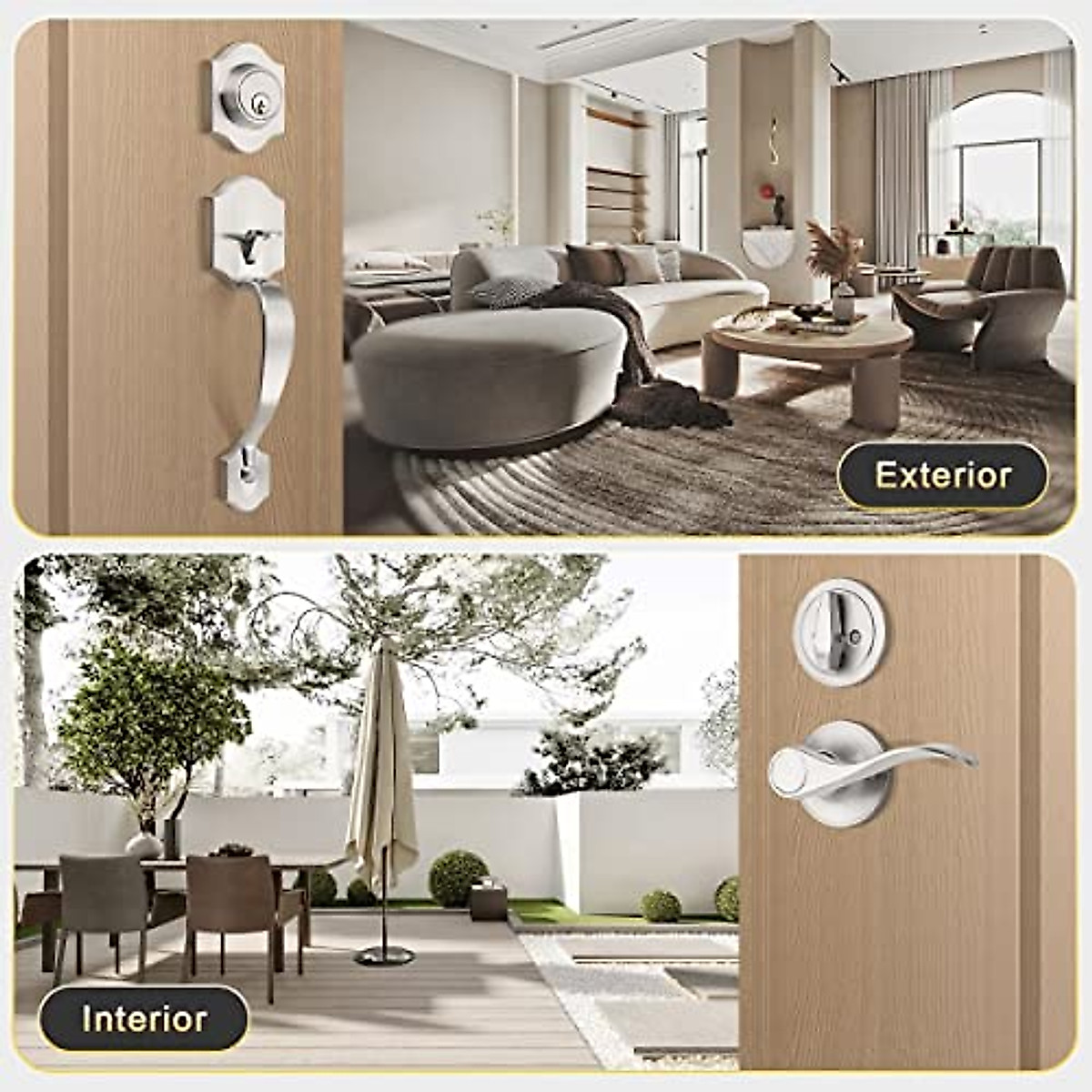 Tinewa 1 Pack Single Cylinder Deadbolt HandleSet with Lever Inside, Front Entrance Door Handle, Reversible Door Handle Set Satin Nickel Finish