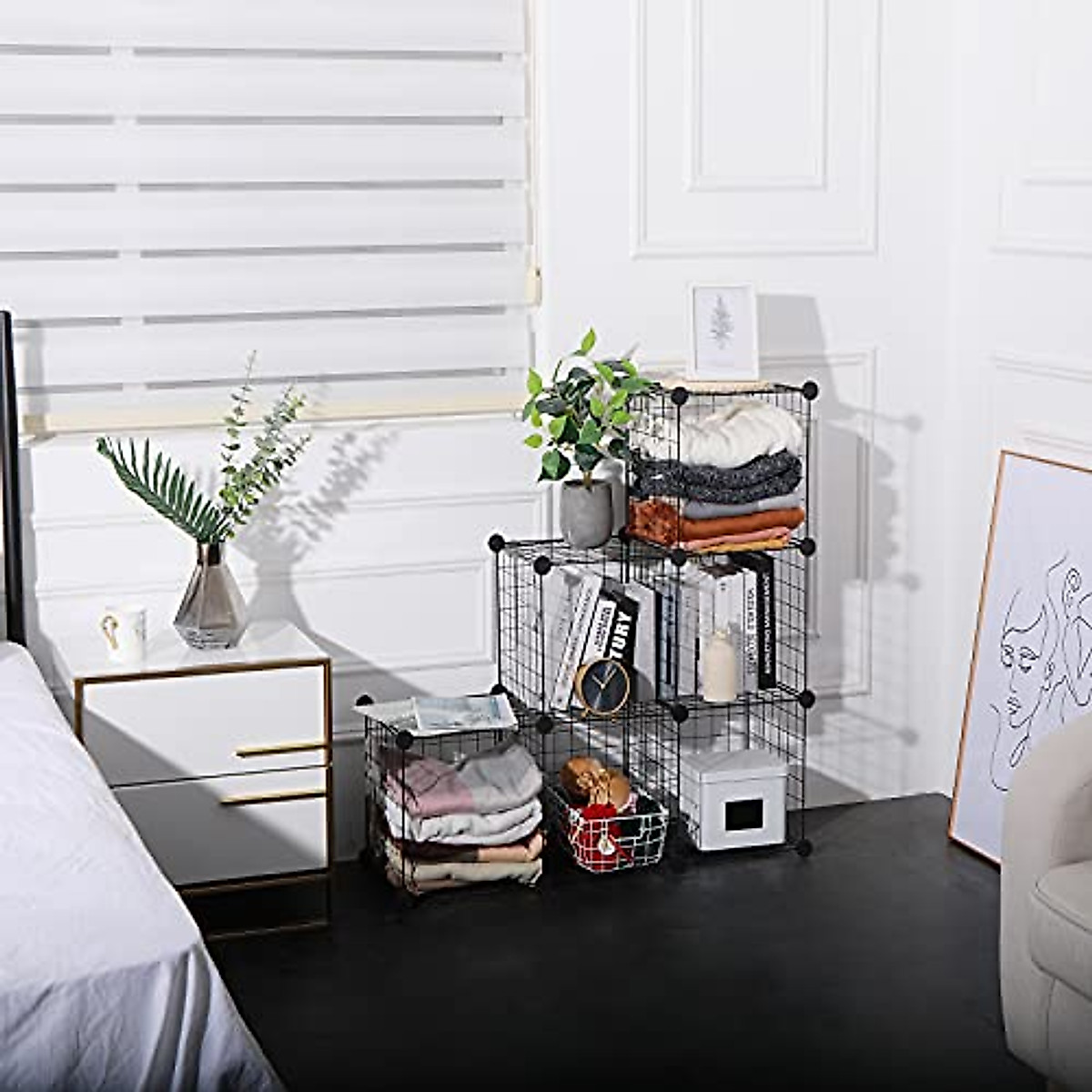 YCOCO Cube Storage Organizer,6 Cube Closet Organizers and Storage,Wire Metal Grids Bookshelf,Stackable Modular Shelves,Cube Storage Organizer Bins for Home,Office,Kids Room,Black