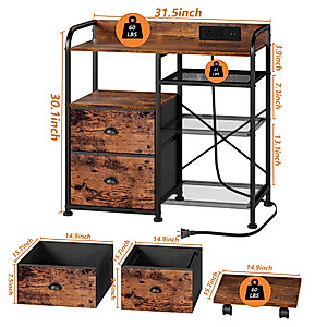 Furologee Printer Stand with Power Outlet, Lateral File Cabinet with 2 Large Drawers, Shredder Shelf Stand with Wheels & 4 Tiers Open Shelves for Office, Home, Living Room, Rustic Brown