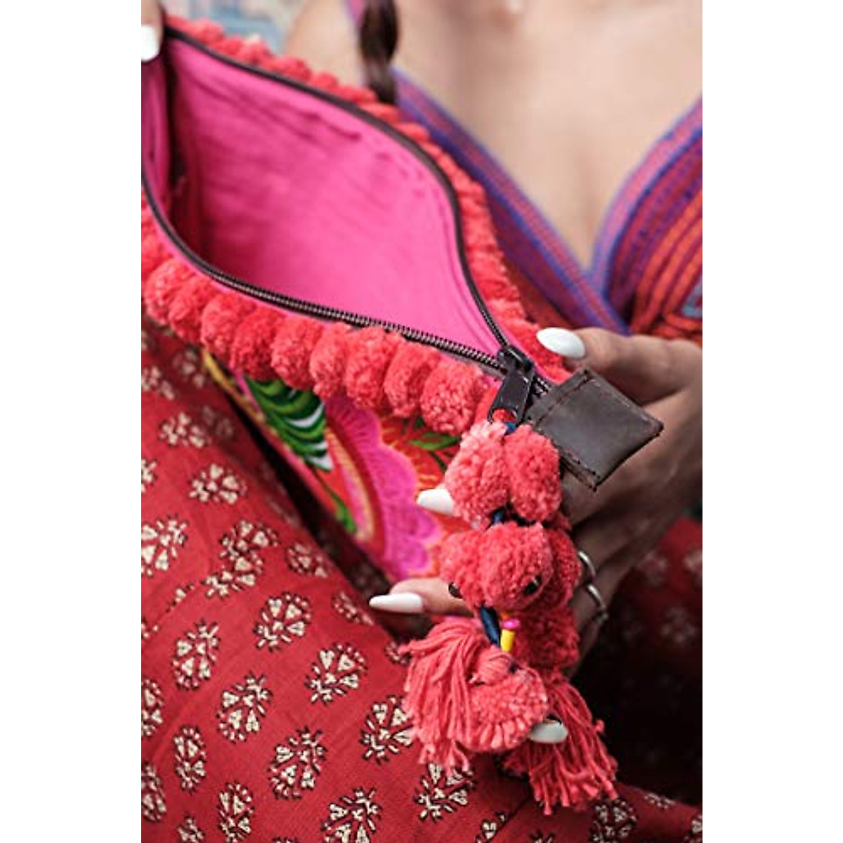 Red Pom Pom Clutch Bag with Embroidered Hmong Tribes Orchid Pattern