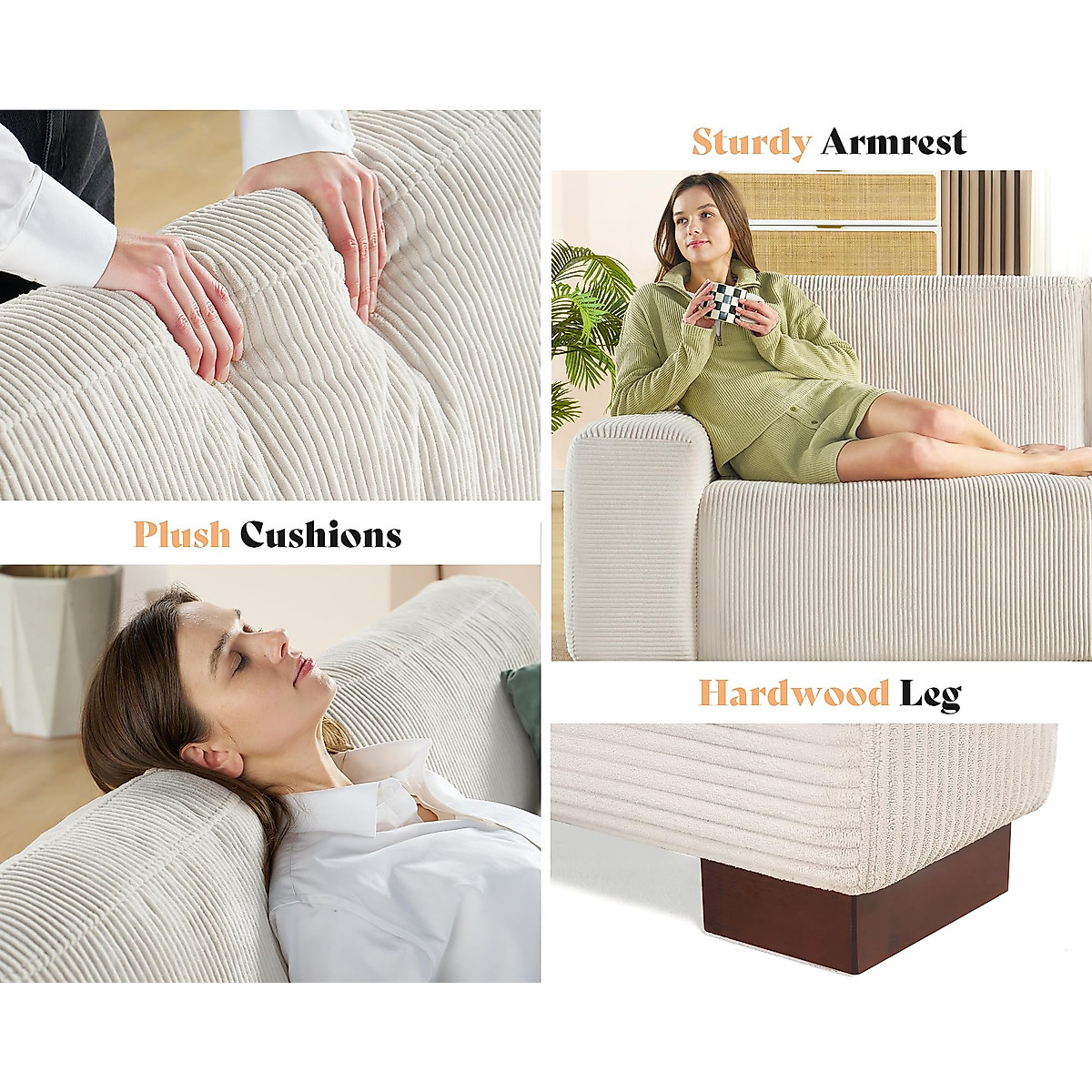 AMERLIFE Sofa, 89 inch Oversized Couch with Thick Armrest, Comfy Sofa Couch for Living Room-3 Seater Sofa in White Corduroy