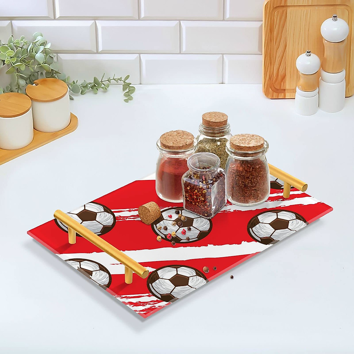 Football and Soccer Bathroom Vanity Tray for Countertop Decorative Trays with Handles Acrylic Hand Towel Tray for Shampoo Perfume Home Decor