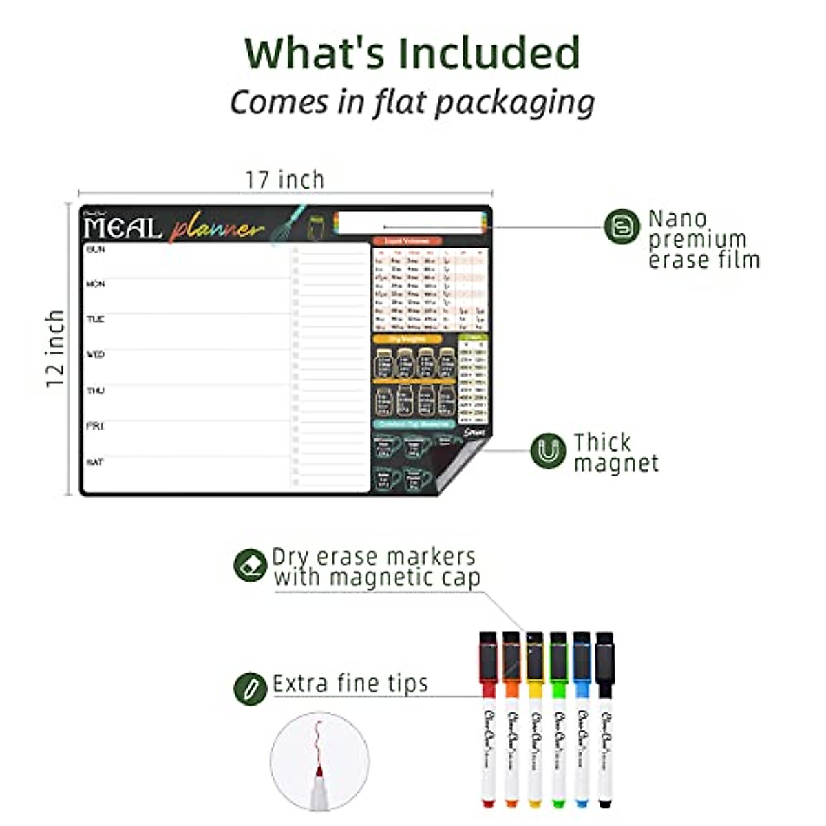 Magnetic Dry Erase Menu Board - 17"x12" Meal Planning Board for Fridge - 6 Extra Fine Point Markers Included - Shipped Flat