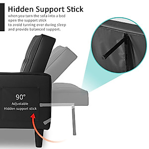 IPKIG 73.2" Futon Sofa Bed, Convertible Sleeper Sofa, Loveseat Couch, Faux Leather Split-Back Sofabed for Small Spaces Room Home Office Hotel with Adjustable Backrest and Side Pockets (Black)