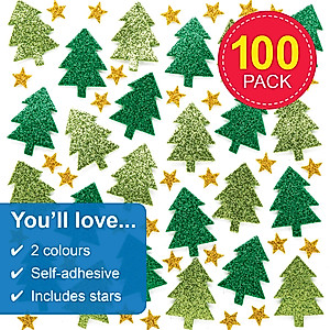 Baker Ross AR713 Christmas Tree Glitter Stickers - Pack of 100, Christmas Stickers for Arts and Crafts