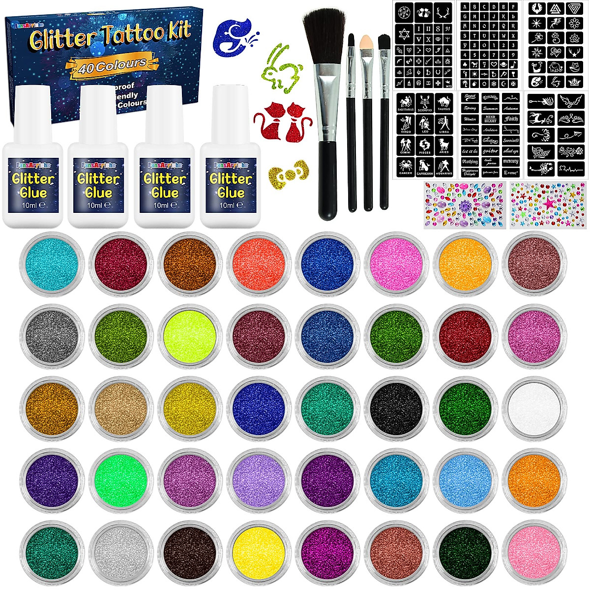 Temporary Glitter Tattoo Kit for Kids, 40 Colors Glitter, with 154 Stencils, 4 Glue, 4 Brushes, Body Glitter Make Up Kit, for Cosplay, Birthday Party, Festival Christmas