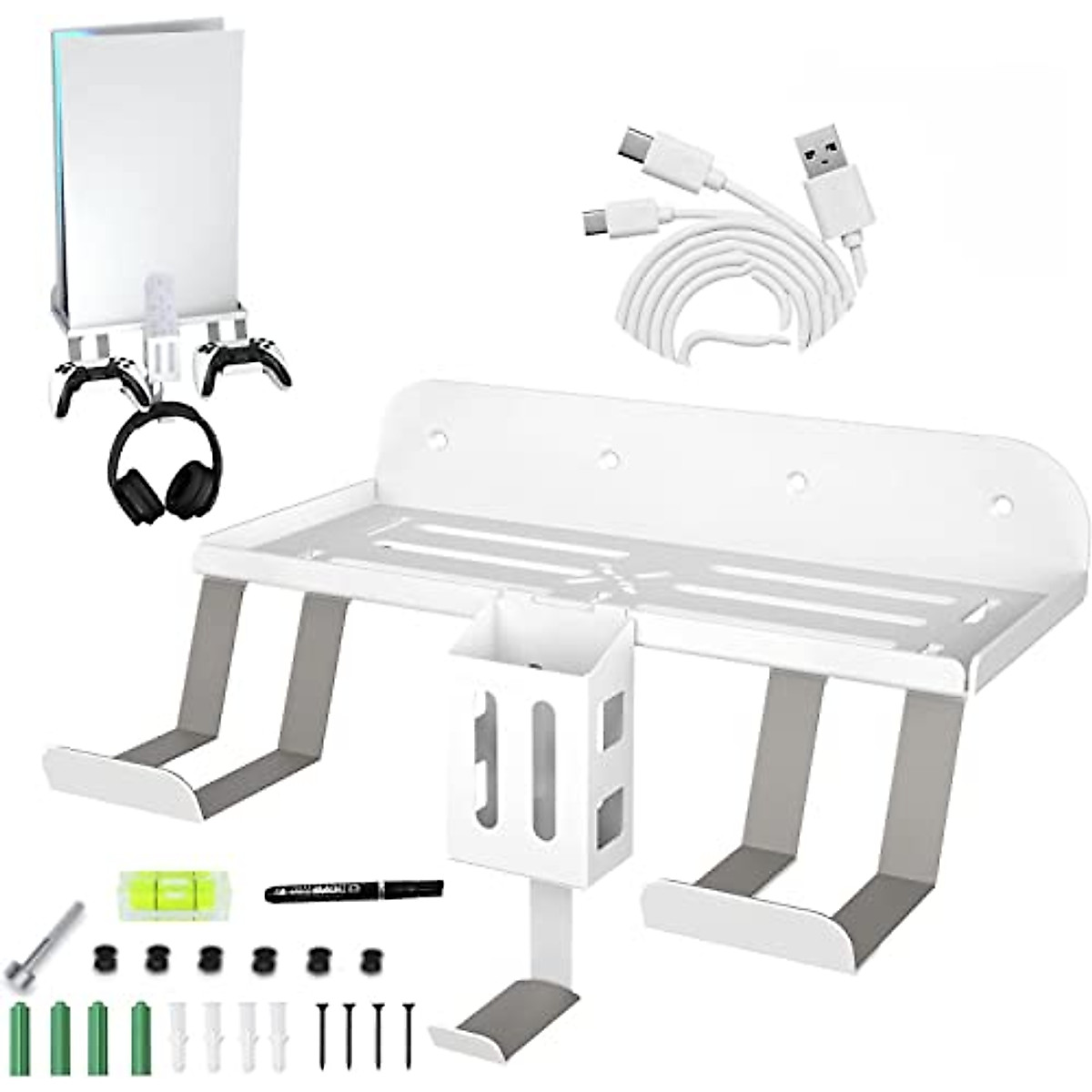 YU33 Wall Mount Kit - 6 in 1 Wall Mount with 2 Way Magnetic Charging Cable, Detachable Controller Holder & Headphone Hanger, with Non-Slip Mat, White Mount Holder