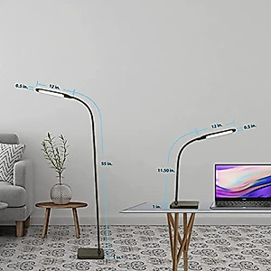Syrinx 2 in 1 LED Floor, Desk Lamp, 5 Brightness Levels & 5 Colors Temperatures, Dimmable, Adjustable Gooseneck Pole Lamp for Living Room Office Bedroom - Black