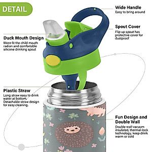 Cute Hedgehog Kids Water Bottle, BPA-Free Vacuum Insulated Stainless Steel Water Bottle with Straw Lid Double Walled Leakproof Flask for Girls Boys Toddlers, 12Oz