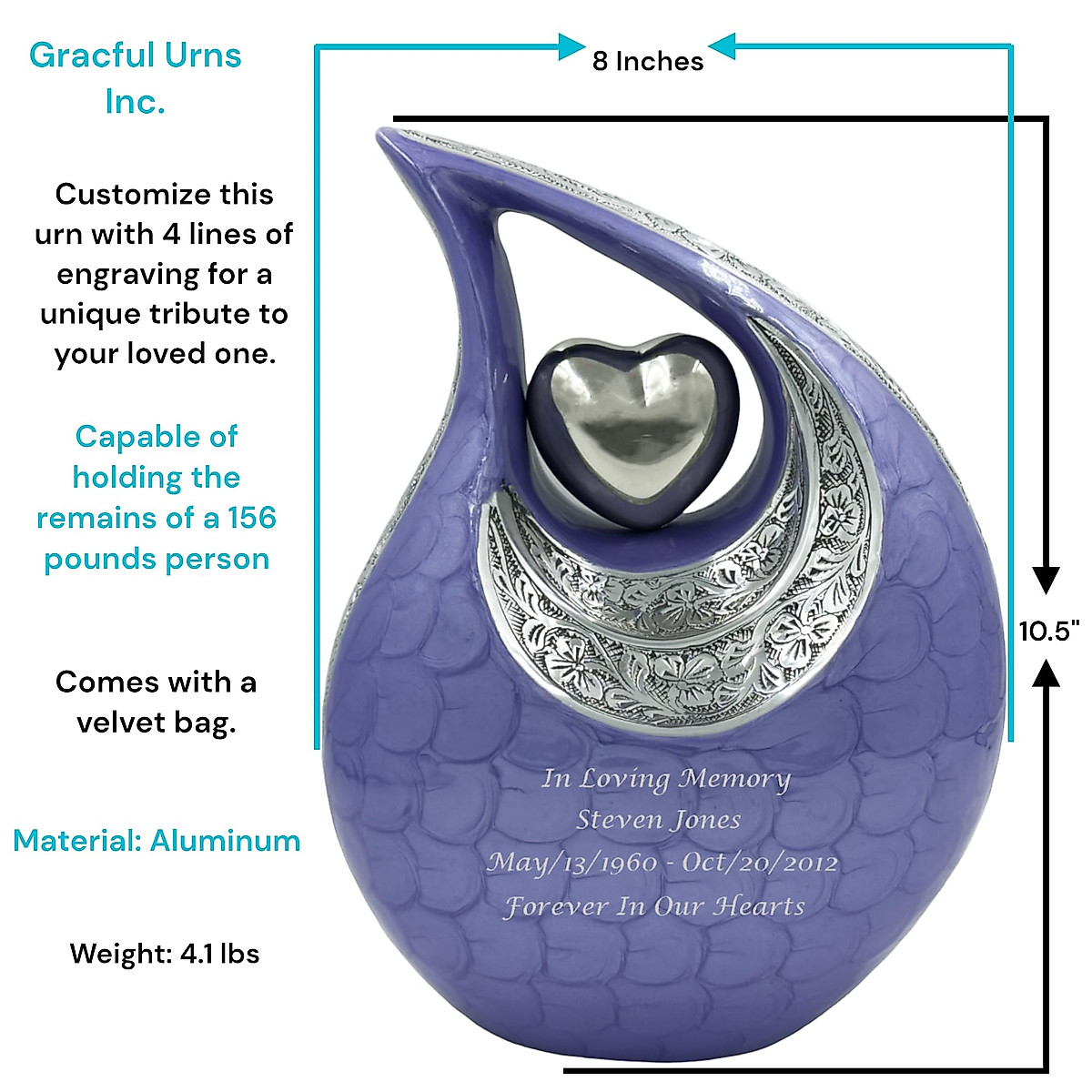 Purple Cremation Urn - Personalized Urn - Cremation Urn with Velvet Bag - Memorial Urn - Funeral Urn - Burial Urn - Urns for Human Ashes