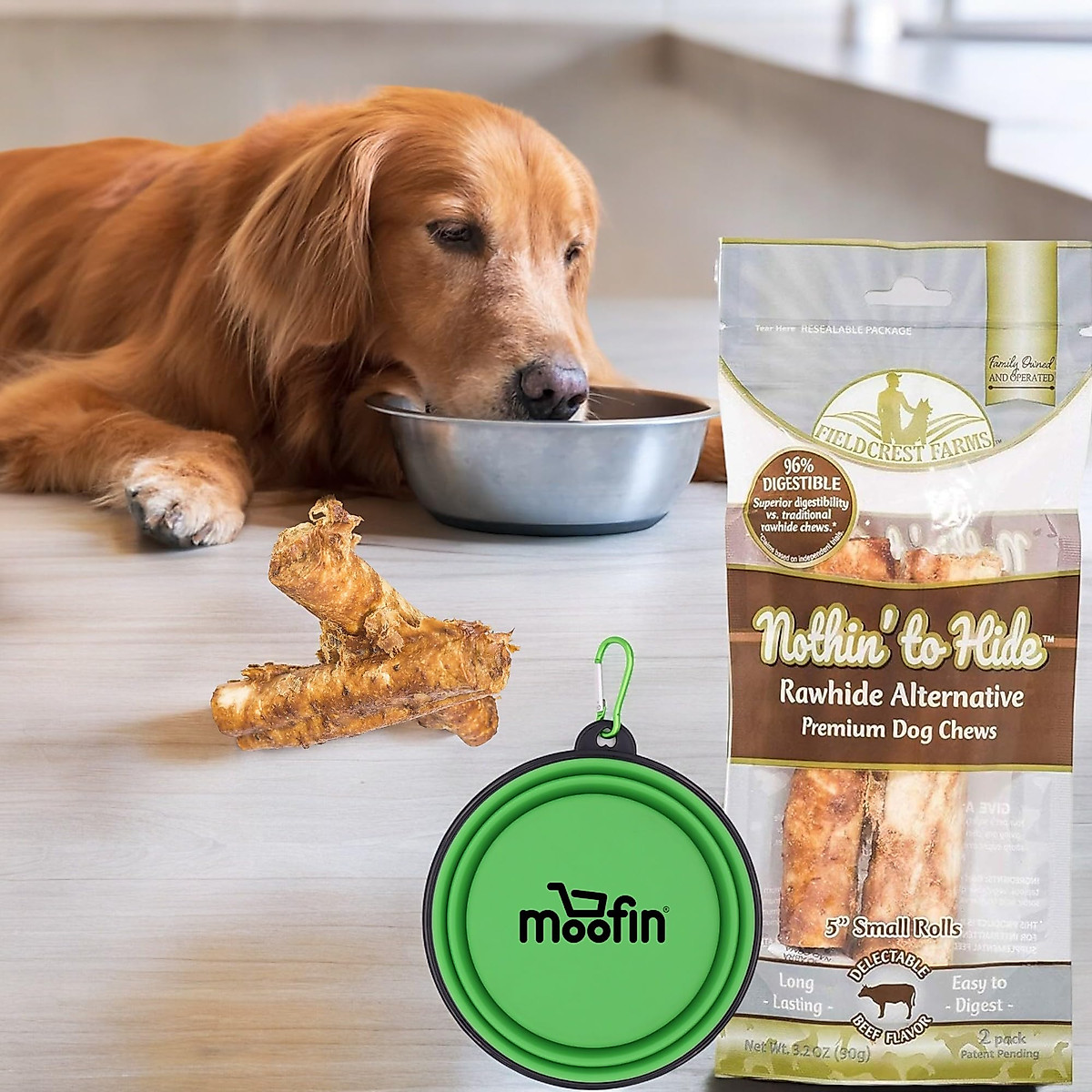moofin Nothin' to Hide Beef Flavored 3.2 oz Dog Chews, 5" Rolls - Safe, Digestible & Dental Health Promoting Treats, Bundle Silicon Pet Bowl, Dog Treat [Pack of 6]