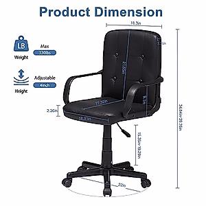 VECELO Home Office Desk Chair with Armrests,Mid Back Adjustable Height, 360-Degree Swivel, 330 Pound Capacity, Black, Set of 1