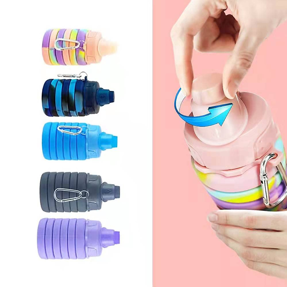 konlongzan Collapsible Water Bottle Travel Water Bottle Portable Hiking Water Bottle with Leak proof Twist Cap 500ML Reusable BPA Free Silicone Water Bottles (Style1, Blue)