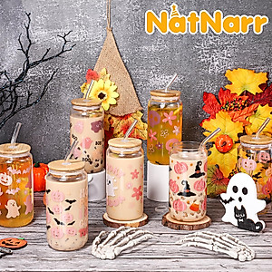 8 Pcs Pink Ghost Halloween Glasses Cups, 16 oz Cute Halloween Spooky Glass Cups with Lids and Straws Ghost Pumpkin Bat Iced Coffee Cups, Glasses Drinking for Halloween Party Gift