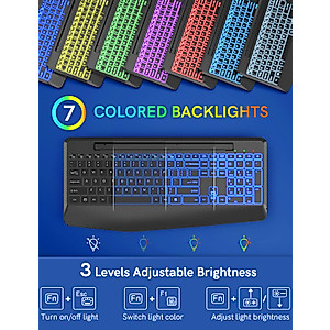 Wireless Keyboard with 7 Colored Backlits, Wrist Rest, Phone Holder, Rechargeable Ergonomic Computer Keyboard with Silent Keys, Full Size Lighted Keyboard for Windows, Mac, PC, Laptop (Black)