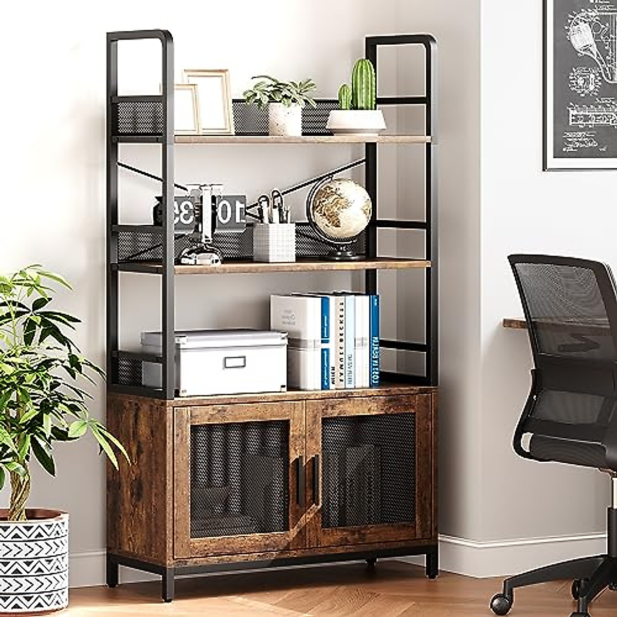 IDEALHOUSE Bookshelf with Doors Industrial Bookcase with 3 Tiers Open Storage Shelves Rustic Bookshelves Tall Display Rack Cabinet Farmhouse Bookshelf for Bedroom, Living Room, Home Office, Brown