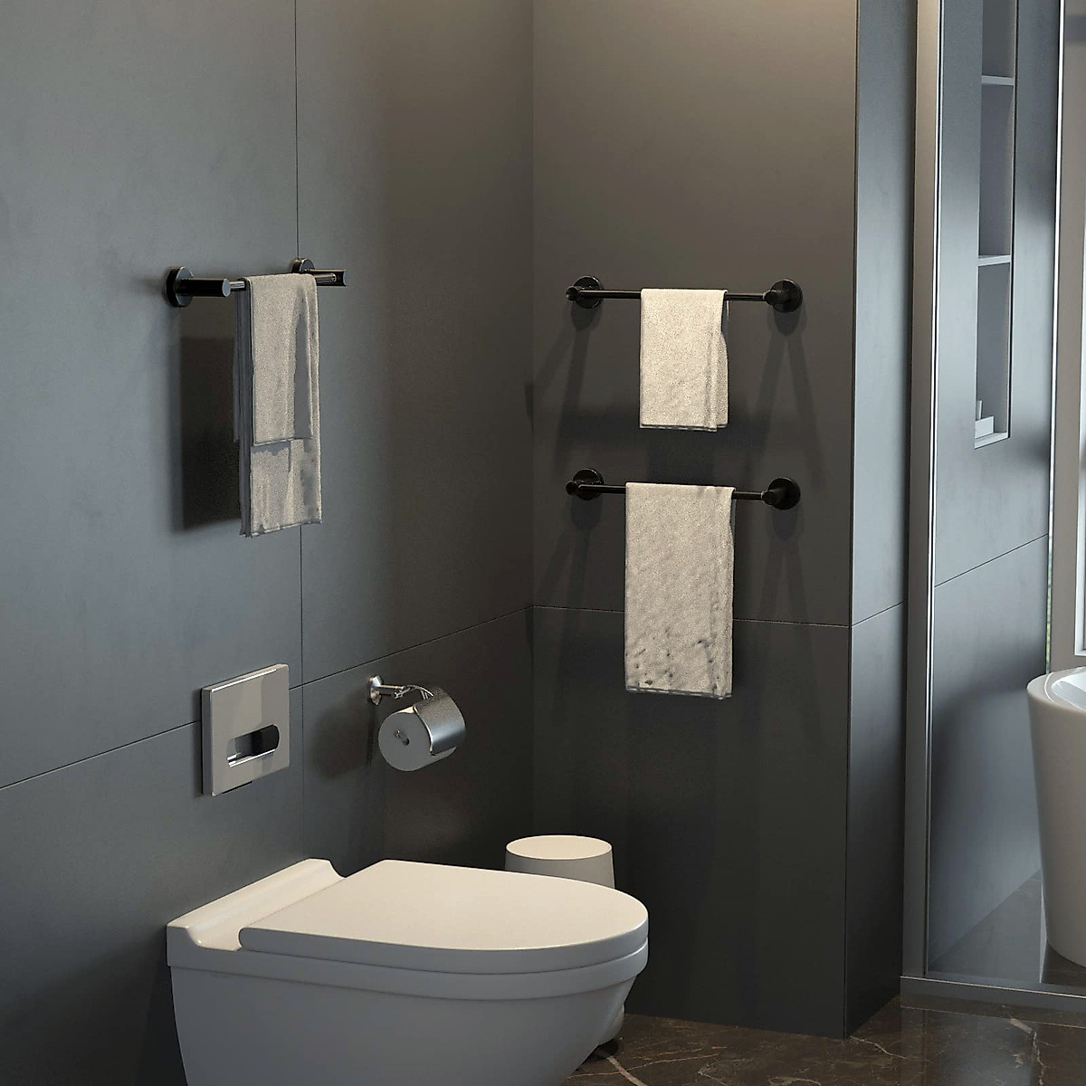 2 Pack Adjustable 16 to 27.6 Inch Single Towel Bar, iMomwee Oil Rubbed Black Finished SUS304 Stainless Steel Bathroom Towel Rod, Wall Mount Towel Rail with S Hooks for Kitchen Washroom (1" Diameter)