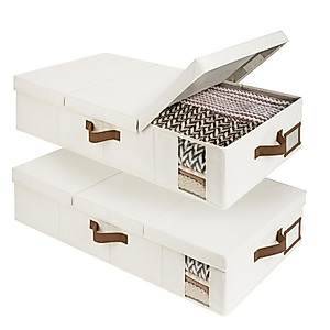 StorageWorks Under Bed Storage with Lid, Underbed Storage Containers with Handles, Underbed Organizer for Bedroom, Foldable Clothing Storage Bins, Box for Blankets, Large, Beige, 2-Pack