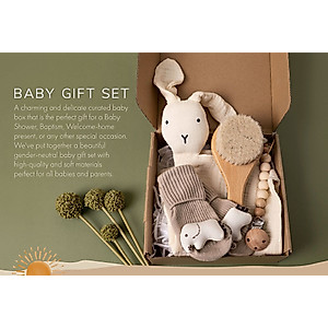 Baby Gift, Baby Baptism Gift, Newborn Baby Gift Set for Boy, Girl or Gender Neutral, Baby Shower with 4 PCS- Brush, Lovey Blanket, Baby Socks and Silicone Pacifier Clip