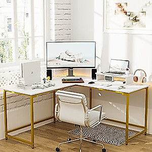 Elephance 59" L Shaped Desk Corner Computer Desk Gaming Table with Monitor Stand Workstation for Home Office (Large, White+ Gold Frame)