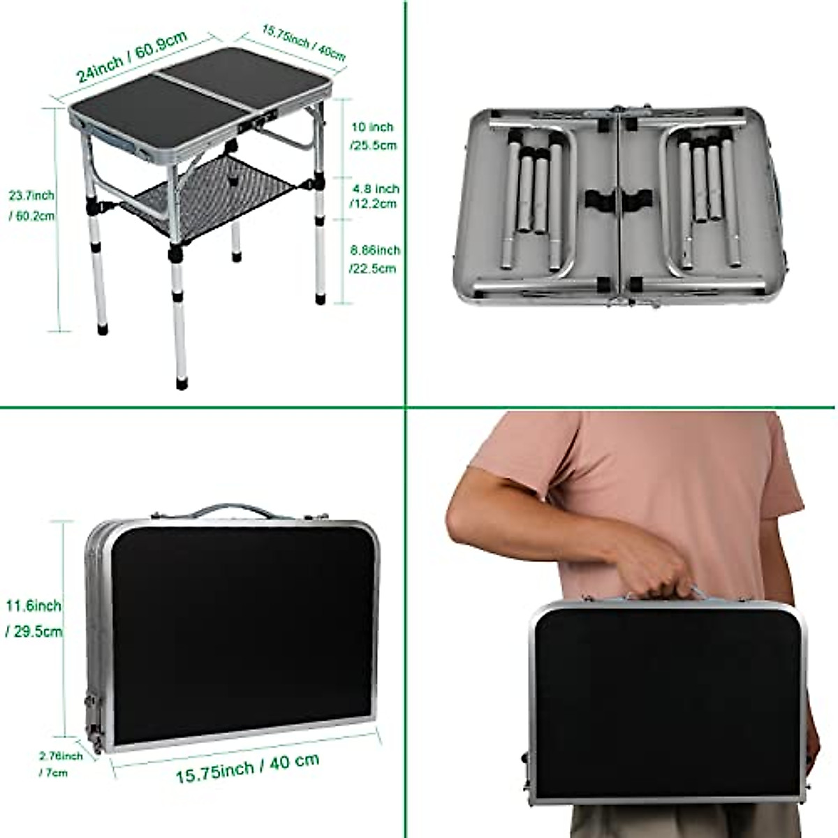 JYEASTZ Folding Table Portable Camping Table with Storage Net, 2ft Aluminum Picnic Table 24" x 16" Adjustable 3-Level Height, Waterproof, Lightweight with Carry Handle for Picnic Beach Outdoor Indoor