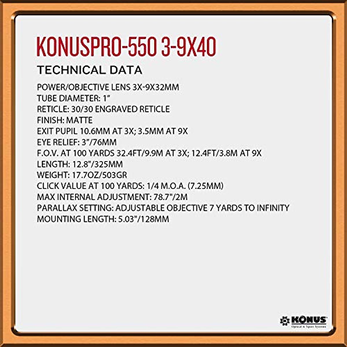 KONUS — KonusPro 7276 - 550 IR 3X-9X40 Riflescope w/ Engraved 550 Ballistic Reticle and Illuminated Center Dot
