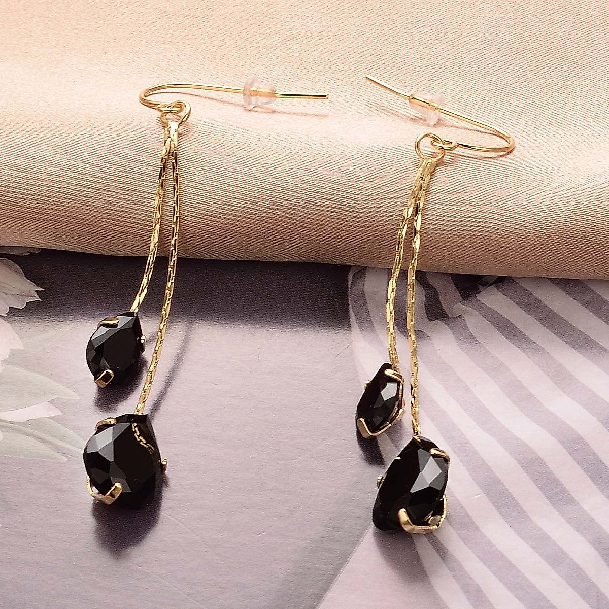 Vissen Black Cubic Zirconia Drop Dangle Chain Earrings for Women Dainty Gold Plated CZ Long Dangling Earrings
