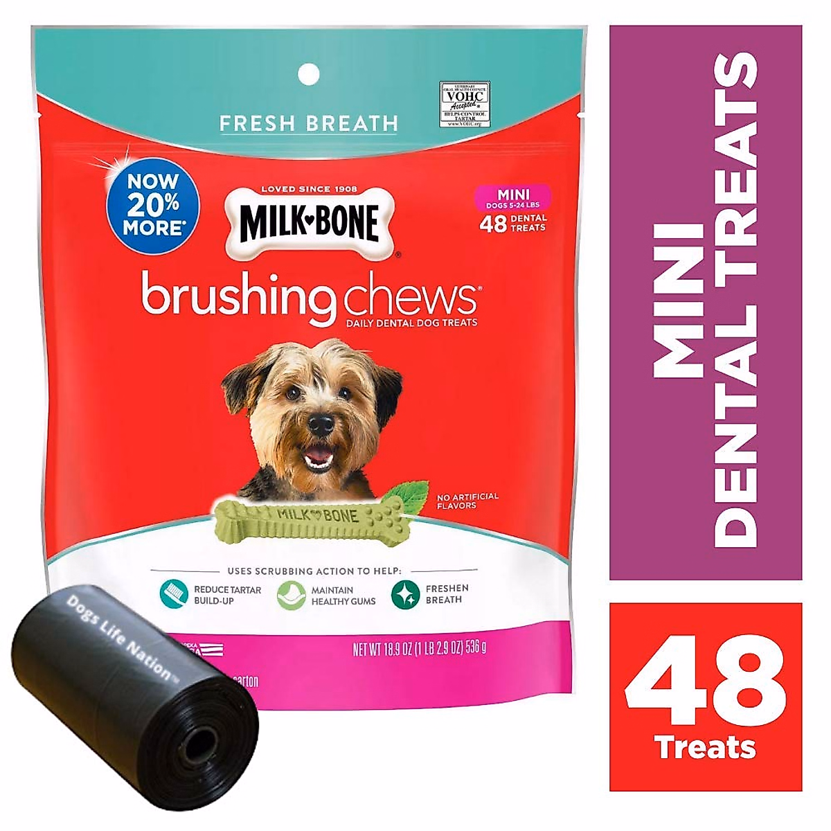48 Mini Milk-Bone Fresh Breath Brushing Chews Daily Dental Dog Treats and Dogs Life Nation Waste Bag Bundle