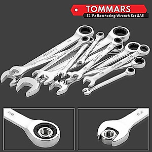 TOMMARS SAE Ratcheting Wrench Set, 1/4" - 7/8", 12-Pc Head Ratchet Combination Combo Socket Wrenches, Cr-V Steel