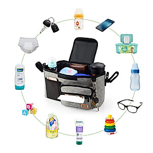 Homlynn Stroller Organizer, Parent Console Storage Bag-2 Deep Cup Holders Extra-Large Storage with Shoulder Strap, Adjustable Handlebar Strips-Fit All Stroller Models(Grey)