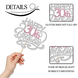 MonMon & Craft Happy 30th Birthday Cake Topper/Cheers to 30 Years/Women Girls 30th Birthday Party Decor Supplies - Silver & Pink Glitter (30th)