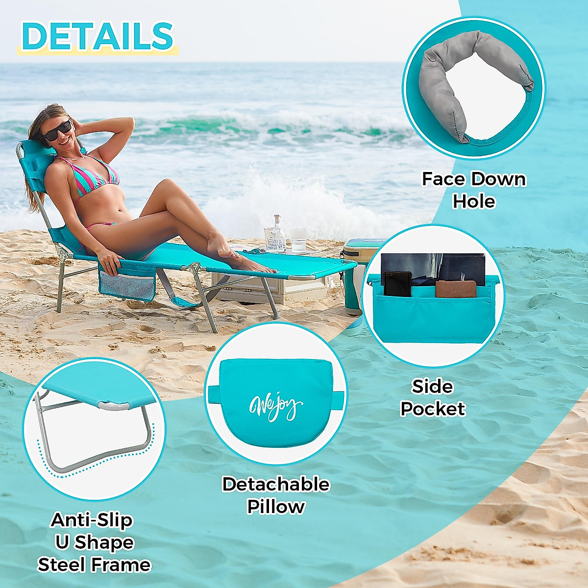 #WEJOY Chaise Lounge Chair with Face Arm Hole Foldable Patio Sun Chair with Adjustable Backrest and Padded Pillow Heavy Duty Folding Beach Lounger for Camping Sunbathing Lawn Pool Garden Yard