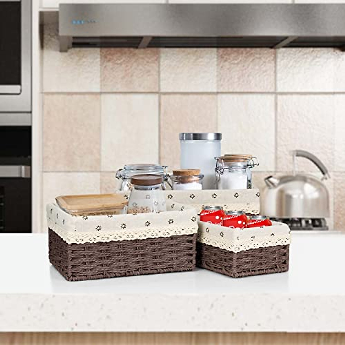 Storage Baskets for Shelves, Handmade Imitation Wicker Storage Baskets Set of 3 Stackable Woven Baskets for Storage with Removable Cotton Liner for Toilet Countertop Bedroom Livingroom Office Rectangle Decorative Storage Bins (Brown