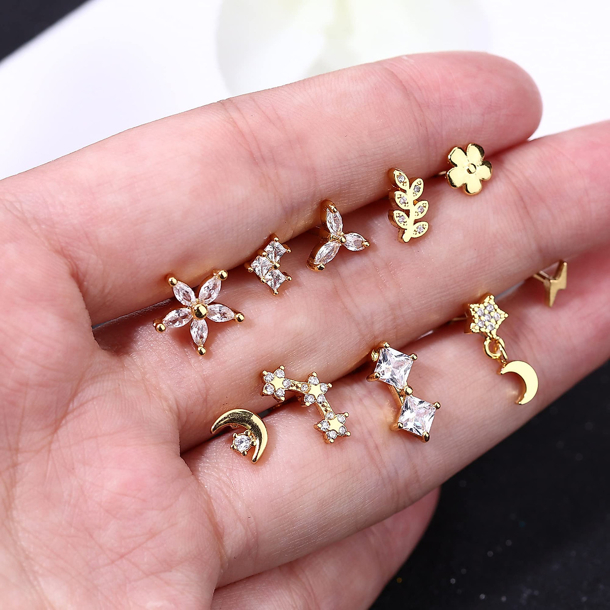 Magitaco 10Pcs 18G Cartilage Earrings Stainless Steel Moon Star Flower Tragus Earrings Conch Helix Piercing Jewelry for Women
