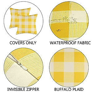 Famibay Decorative Outdoor Pillow Covers for Patio Furniture Set of 2 Buffalo Check Patio Throw Pillow Covers 18x18 Waterproof Outside Cushion Cases Cotton Pillow Covers for Porch Garden Bench(Yellow)