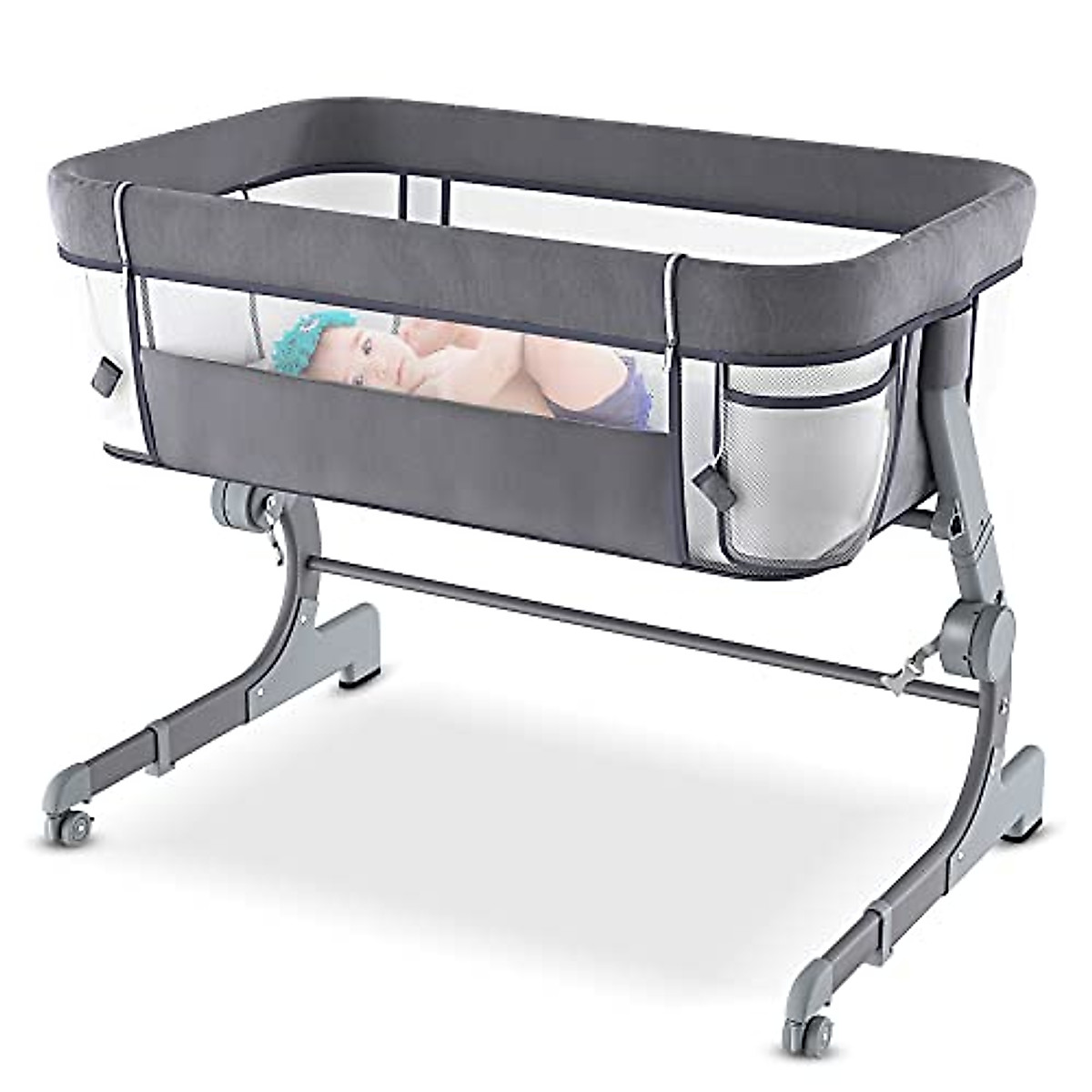 Gyvif Baby Bassinet Bedside Sleeper Crib, Easy Folding Co Sleeper Bed Side Adjustable Height Portable Crib with Wheels for Newborn