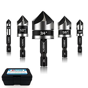 Countersink Drill Bit Set 5-Piece, M2 HSS, 82 Degree, 5 Flute, ¼” Quick Change Hex Shank, 1/4” 3/8” 1/2” 5/8” 3/4” Sharp and Durable Countersink Bits for Metal Wood and Plastic, with Storage Case