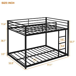 P PURLOVE Junior's Metal Bunk Bed Frame for Kids, Full Size Low Profile Floor Bunk Bed,Full Over Full Bunk Bed with Slat and Ladder,No Box Spring Need,Black