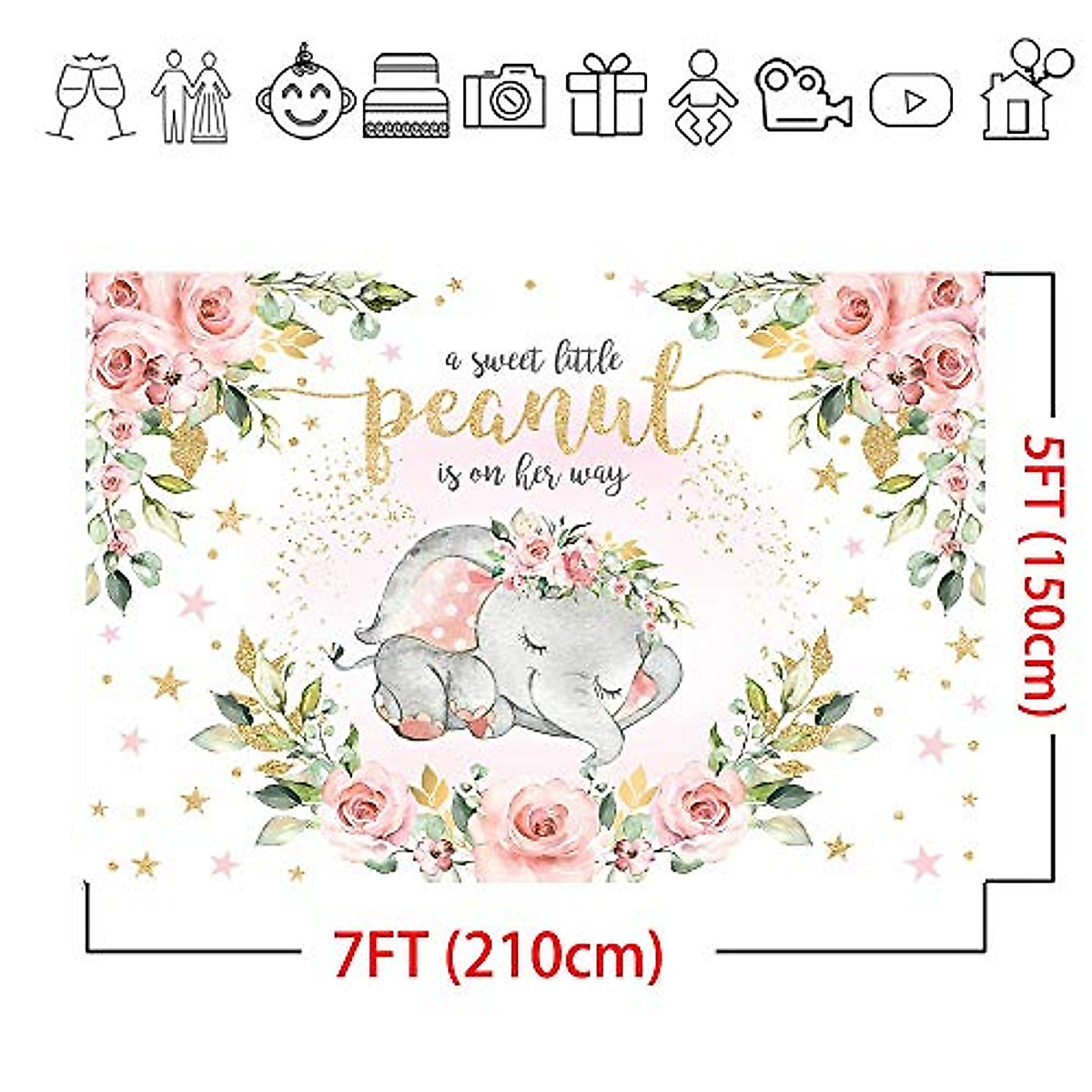 Mocsicka Baby Girl Elephant Baby Shower Backdrop Pink Floral Sweet Little Peanut is on Her Way Photo Backdrops Cute Elephant Party Cake Table Photography Background (7x5ft)