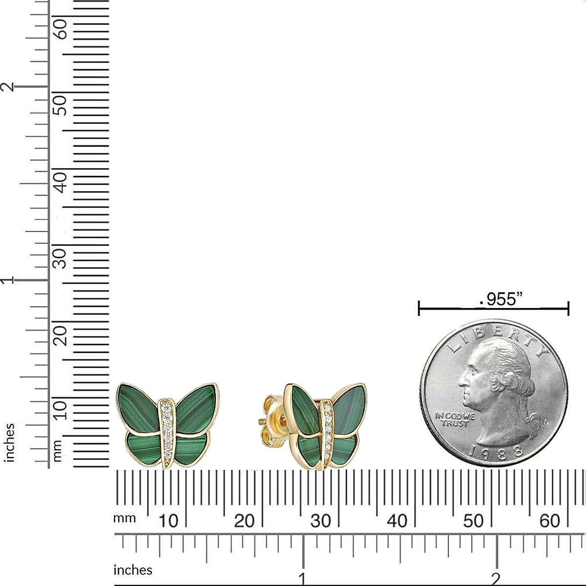 Green Malachite and Cubic Zirconia Butterfly Stud Earrings in 925 Sterling Silver with Yellow Gold Plating with Friction Back by Lavari Jewelers