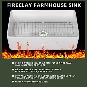 TUKTUK White Farmhouse Sink 30 Inch Farm Sink Fireclay Apron Front Single Bowl Kitchen Sinks Deep Drop In Undermount Kitchen Sink Luxury Bottom Grid & Strainer Drain Included
