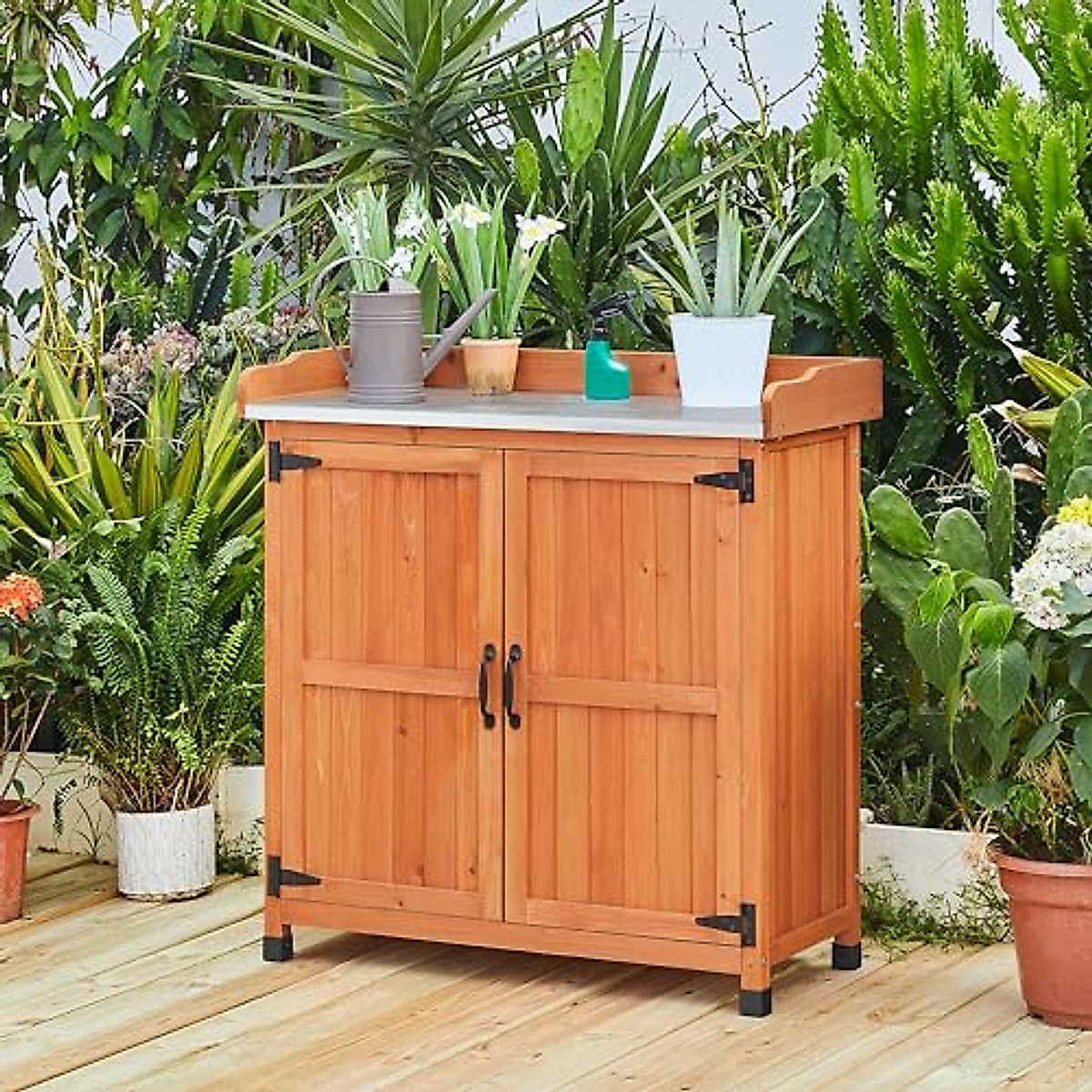 Yaheetech Garden Potting Bench Table - Outdoor Garden Patio Wooden Storage Cabinet & Solid Wood Planting Work Bench with Large Space Storage & Metal-Plated Tabletop, Brown
