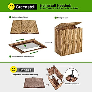 GREENSTELL Laundry Hamper, No Install Needed, 90L Wicker Laundry Baskets Foldable 2 Removable Liner Bags, 2 Section Clothes Hamper Handwoven Laundry Basket with Handles, Nature 18.3x13.3x24 Inches