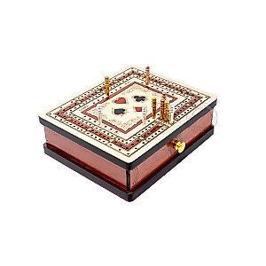 House of Cribbage - 3 Track - 60 Points Non-Continuous Travel Cribbage Board Inlaid in Maple Wood/Bloodwood - Size:6" x 5" - Storage Drawer for Cribbage Pegs & Playing Cards