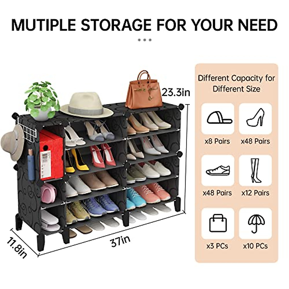 MAGINELS Portable Shoe Rack Plastic Shoe Organizer DIY Shoe Storage Shelf Organizer for Entryway Shoe Cabinet 36 Pairs, Black